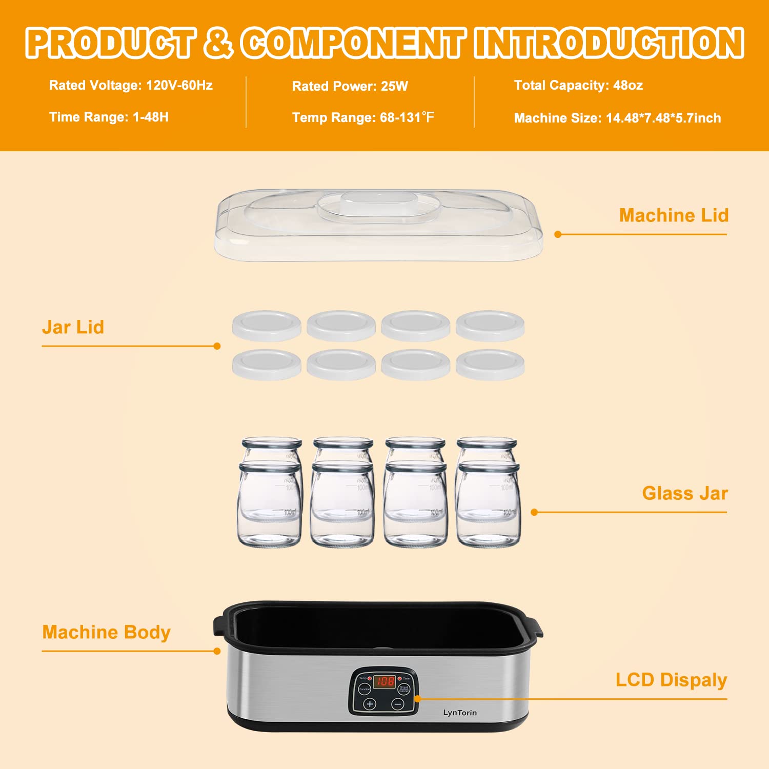 LynTorin Yogurt Maker, Automatic Digital Yogurt Maker Machine with Adjustable Temperature & Time Control, Stainless Steel Cheese Maker, Fruit Wine Maker with LCD Display