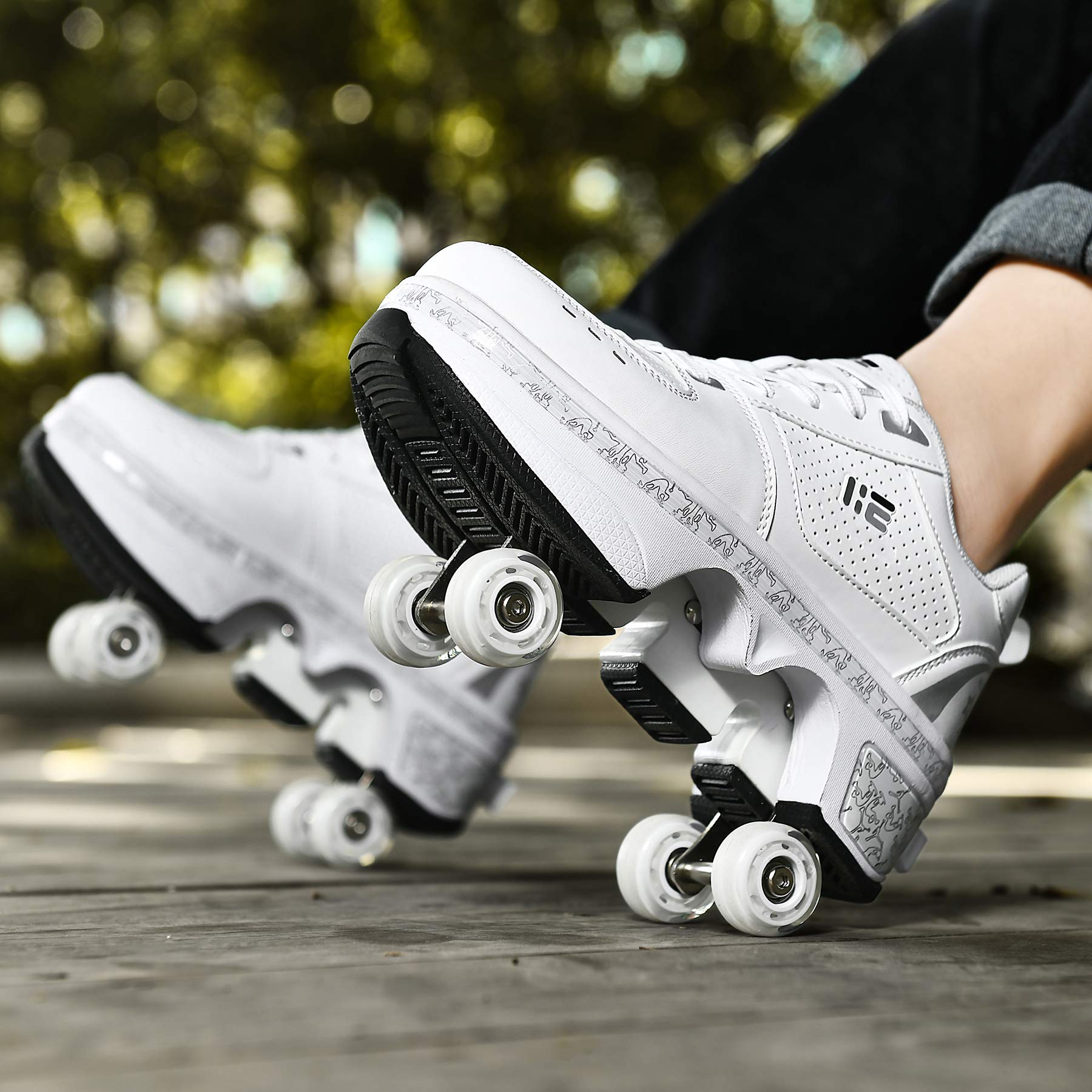 KOFUBOKE 2-in-1 Roller Skates & Sneakers Unisex Retractable Wheels Outdoor Fun & Fitness Kick Roller Shoes (White without Light, 6.5)