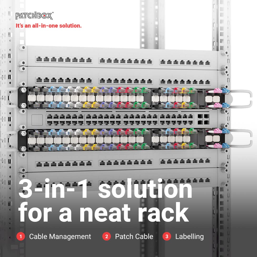PATCHBOX® Plus+ Cat.6a - Patch Panel 24 Port Cable Management Kit for Network and Server Racks with Retractable Cable System for 19” Rails - Includes Flat 10GB Black STP Cables and Cassettes