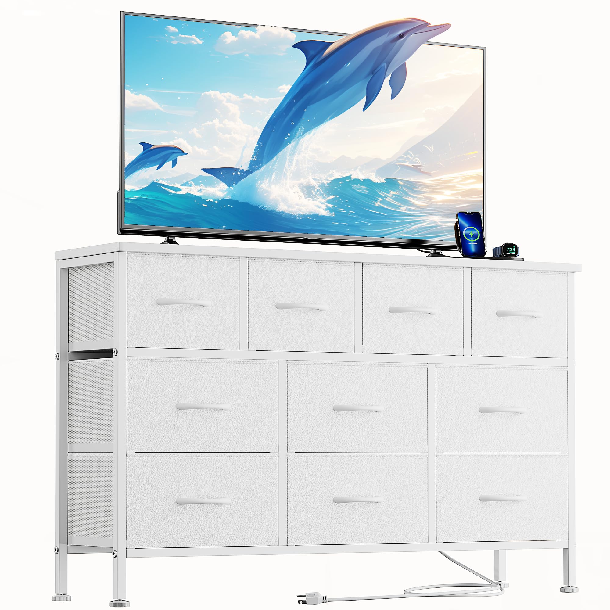 YaFiti Dresser TV Stand with Power Outlet, 43" Long Dresser for Bedroom with 10 Fabric Drawers, Chest of Drawers for Living Room, Hallway (White)