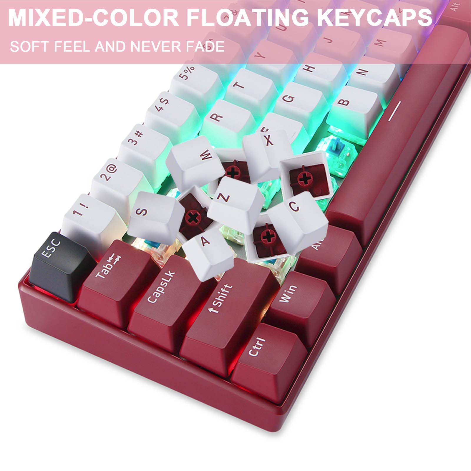 MOTOSPEED BK67 Bluetooth 5.0 Wired Mechanical Keyboard with Red Switch/LED Backlit/Rechargeable Battery/Type-C,67 Keys Compact Gaming Keyboard Compatible with Mac Windows