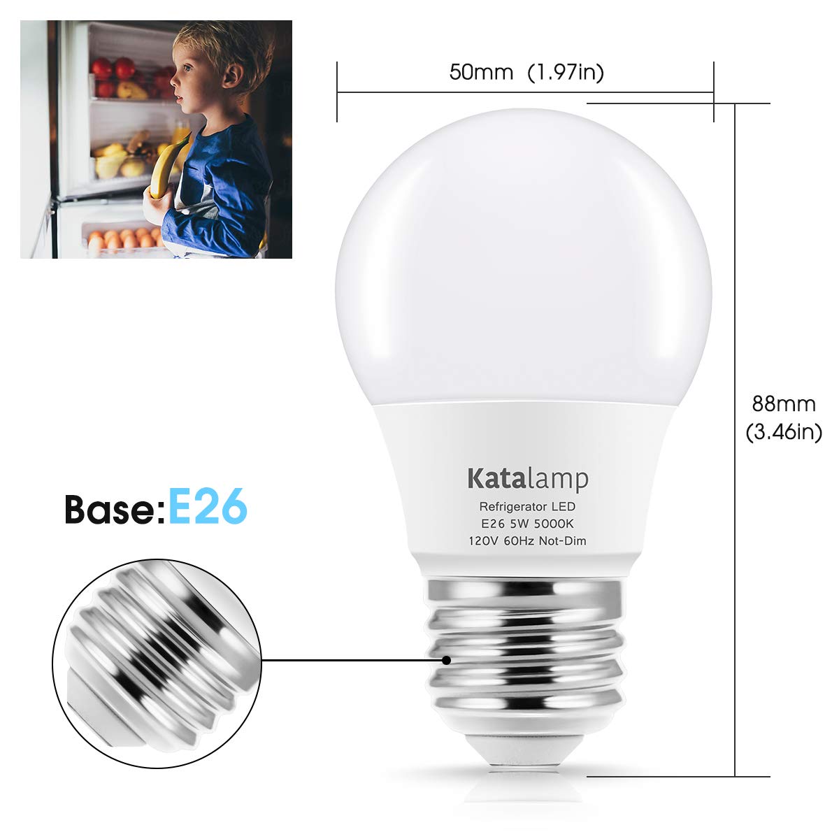 Katalamp LED Refrigerator Replacement Light Bulb 40W Equivalent A15 5000K Bright White 5 Watt Waterproof Rating Light Bulbs E26 Oven Appliance Bulb 120V Lamp 2-Pack
