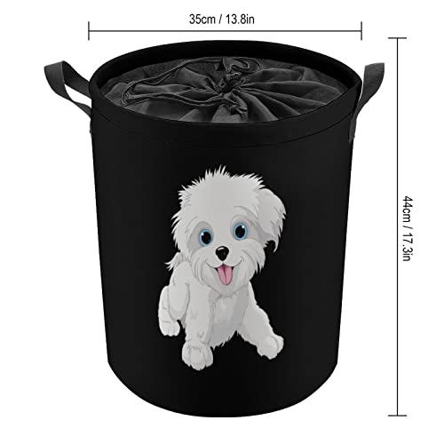 Playful Lap-Dog Laundry Basket Round Collapsible Storage Bin with Drawstring and Handle for Bedroom Bathroom Toys Room 17.3" X 13.8"