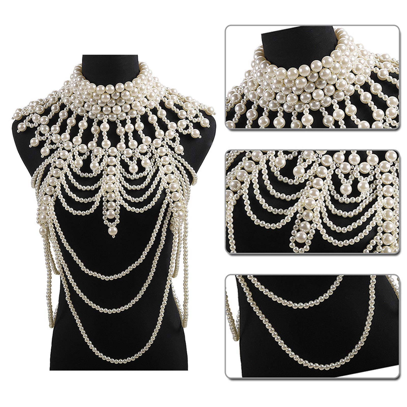 MGBISYI Beaded shoulder chain - Faux Pearl Body Chain Shawl Jewelry Layered Bib Necklace Collar