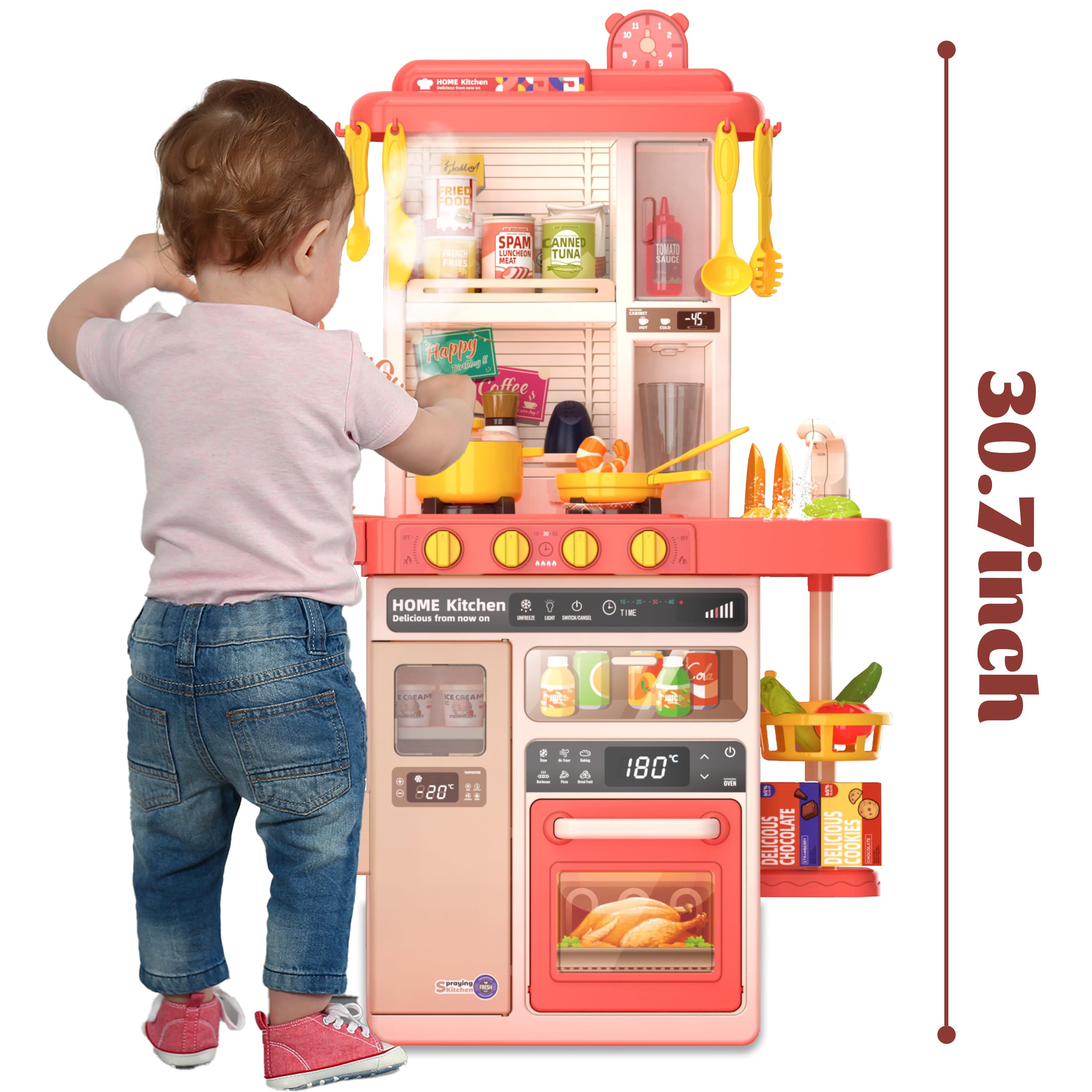 Kids Kitchen Play Set,Interactive Kids Kitchen Play Set with 50Pcs of Pretend Kitchen Toys,Realistic Sound Effects,and Simulated Functionality - Suitable for Toddlers Aged 2-12 Years(Pink)