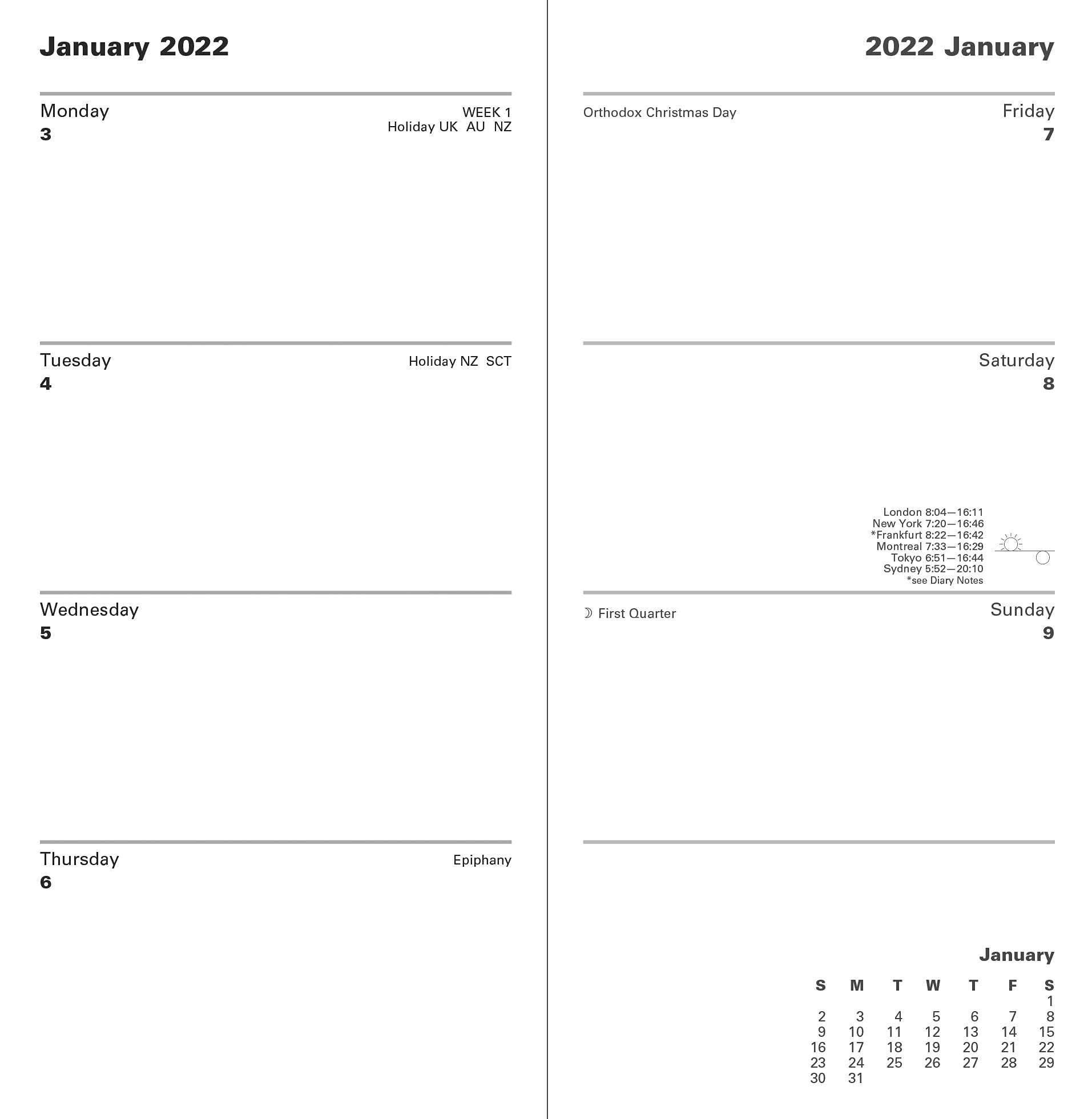 Letts of London Classic Slim week to view with planners 2022 diary - black, (22-T3SUBK)