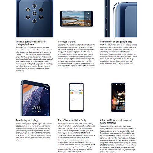Nokia 9 PureView - Android 9.0 Pie - 128 GB - Single Sim Unlocked Smartphone (at&T/T-Mobile/Metropcs/Cricket/H2O) - 5.99" QHD+ Screen - Qi Wireless Charging - Midnight Blue - U.S. Warranty