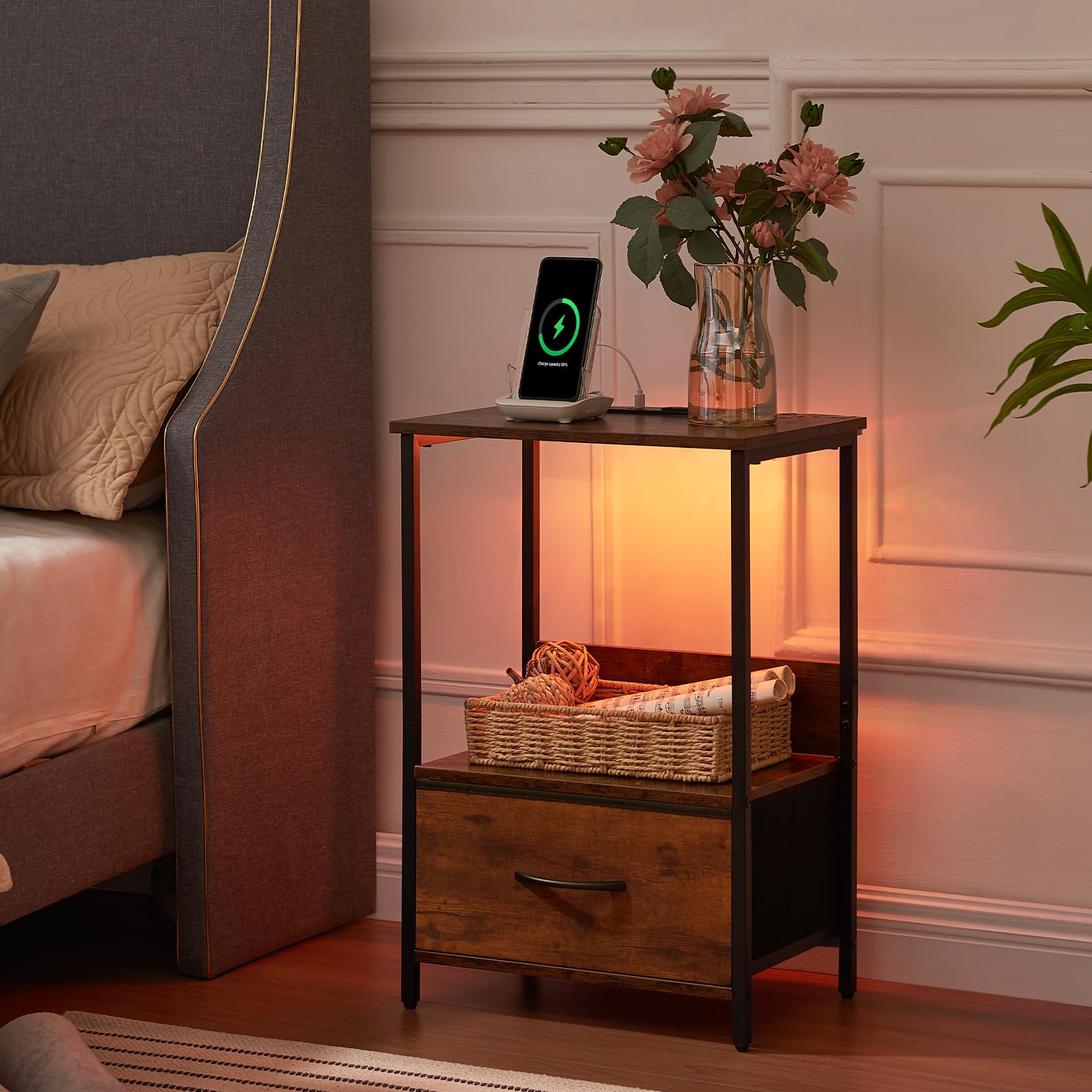 Somdot Night Stand with Charging Station and LED Light for Bedroom, Bedside Table End Table for Dorm Bedside Laundry Closet Entryway Hallway, Wood Grain Print