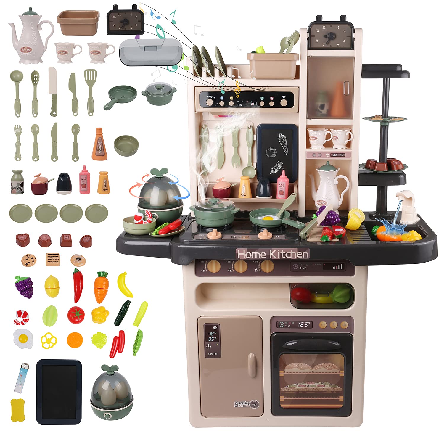 Kids Kitchen Playset with Lights and Sounds Music Steam Play Sink with Runing Water Cut Play Food