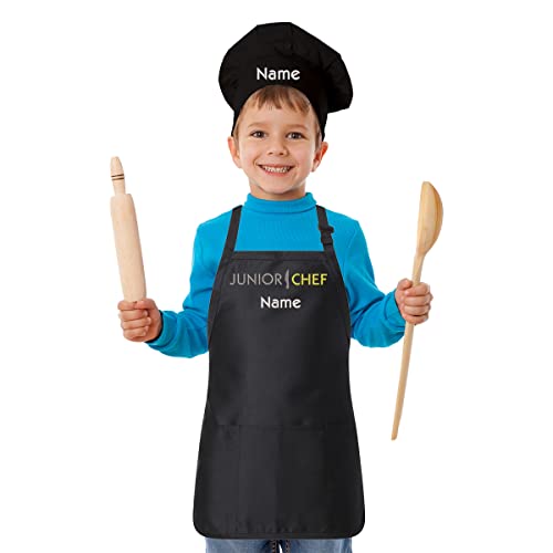 PLACE4PRINT Personalized Junior Chef Kids Set Apron with Hat โ Custom Customized Kitchen Apron for Cooking Backing Grill Grilling BBQ - Any Name Design โ Great Masterchef Gift