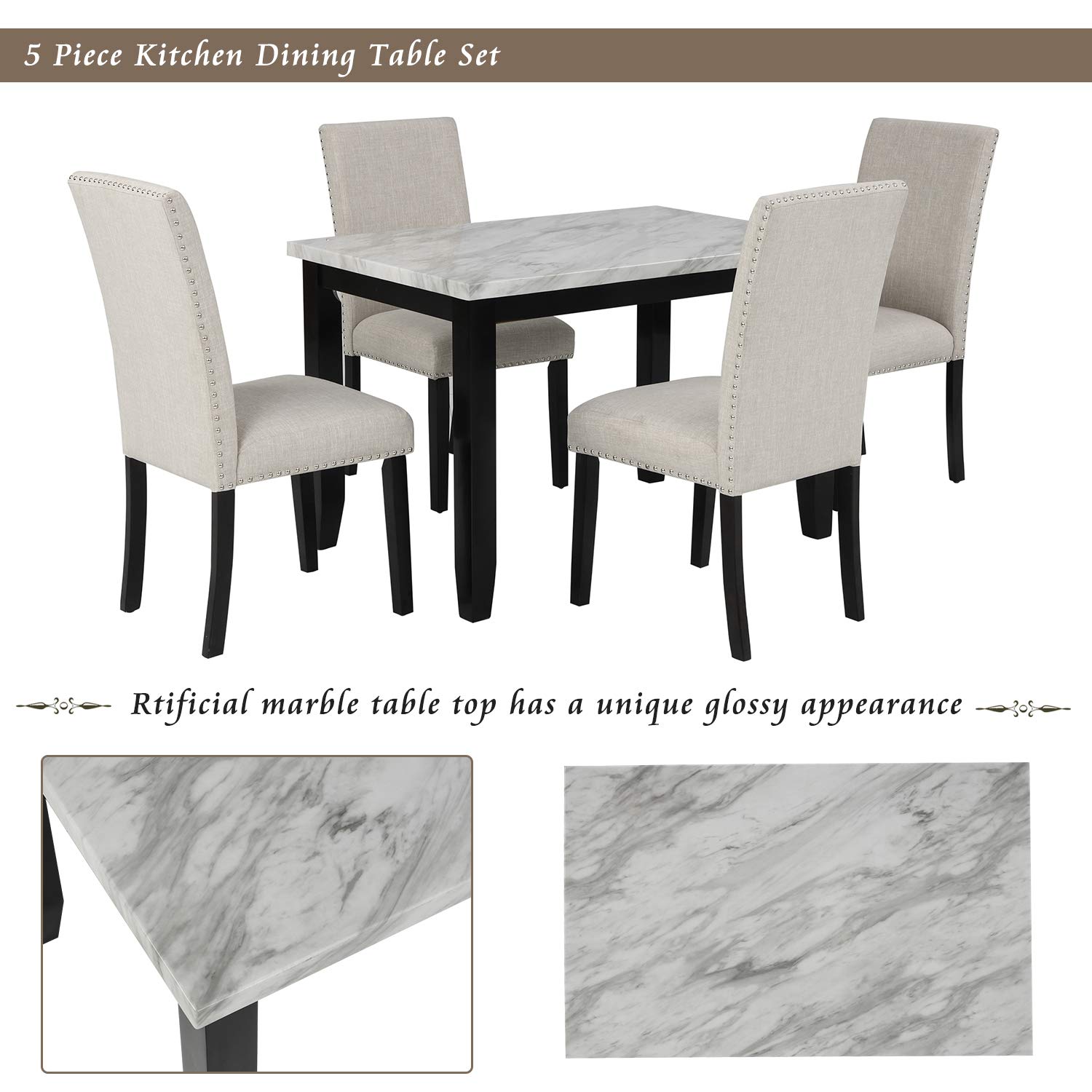 Merax 5 Piece Faux Marble Dining Table Set with 4 Thicken Cushion Chairs for Living Room, White+Beige