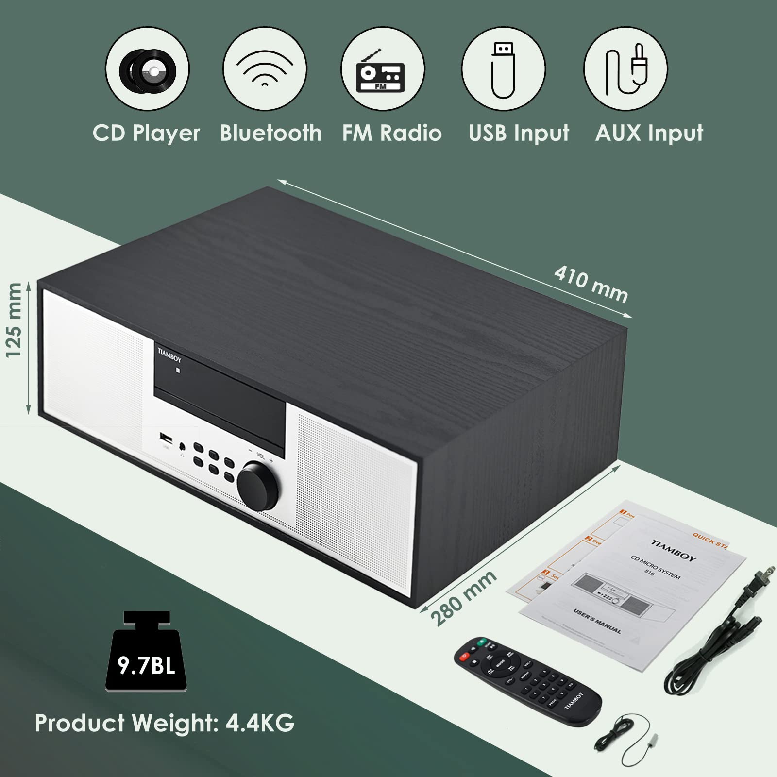 Home Stereo System with CD Player - Micro Shelf System 40W RMS with CD Player, Bluetooth, USB Playback, FM Radio, AUX-Input, 2-Way Music Crisp-Sound, DSP-Tech (TB-816B)