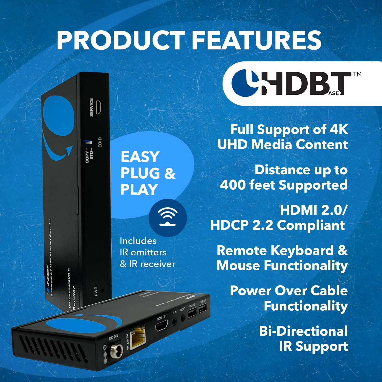 OREI 4K USB 2.0 HDMI Extender Over LAN HDBaseT PoC Single CAT5e/CAT6A/CAT7 Cable 4K @ 60Hz - Up to 400 Ft 4:4:4 - KVM Webcam Remote Keyboard Mouse USB Control - Digital Full HD (4K USB 2.0)