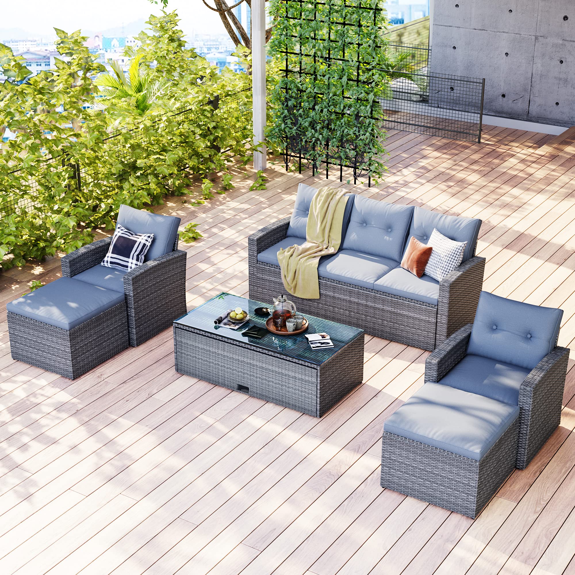 Merax 6 PCS Outdoor Patio Conversation Sets All-Weather PE Sectional Furniture with Coffee Table, Ottomans, Dark Grey Wicker, Light Grey Cushion