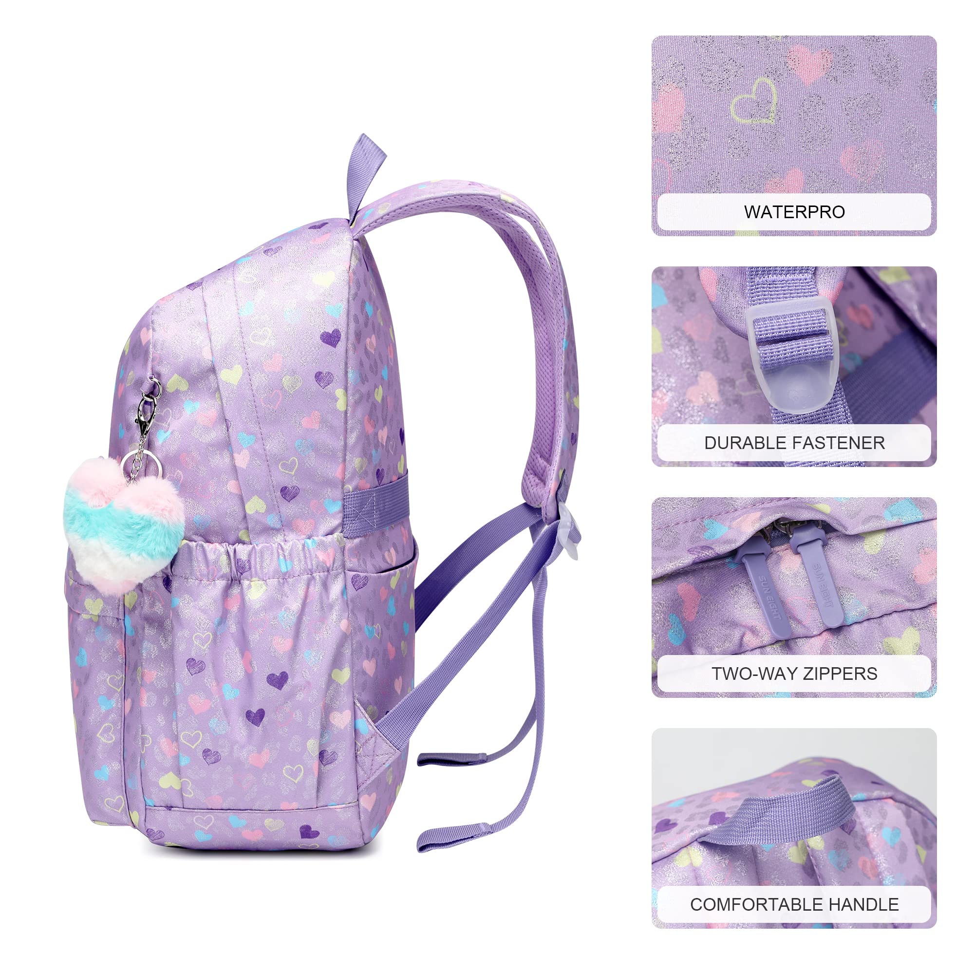 Kids Backpack Girls Light Purple Waterproof Large Space School Backpack Suitable for Age for Over 6 years old Lightweight Travel Cat Ear Heart Keychain Children Backpack(Light Purple Peach Heart)