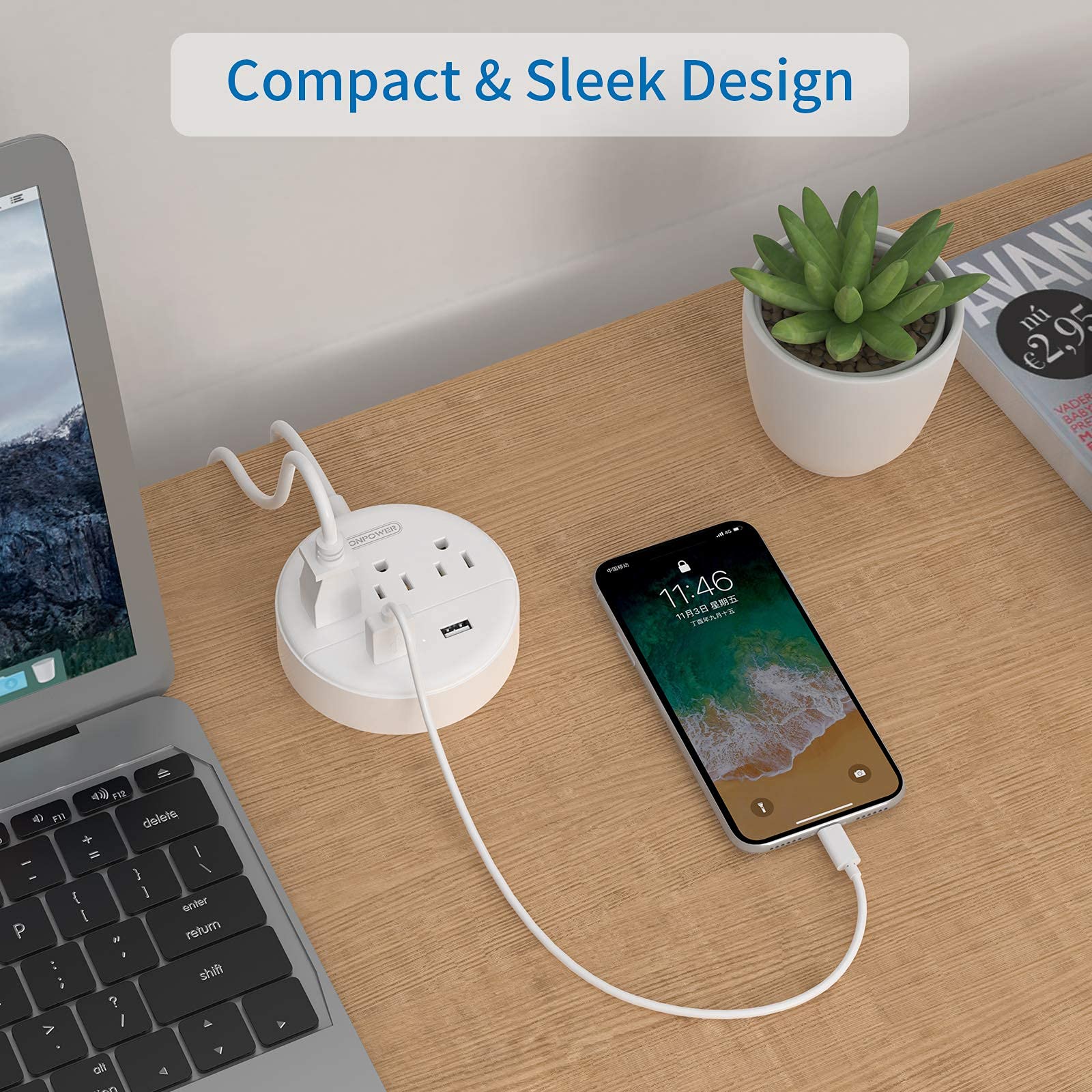 NTONPOWER Power Strip Flat Plug Bundle, 3 Outlets 2 USB Compact Power Strip with 25ft and 15ft Cord and 5ft Cord, Right Angle Plug for Office, Home, Nightstand