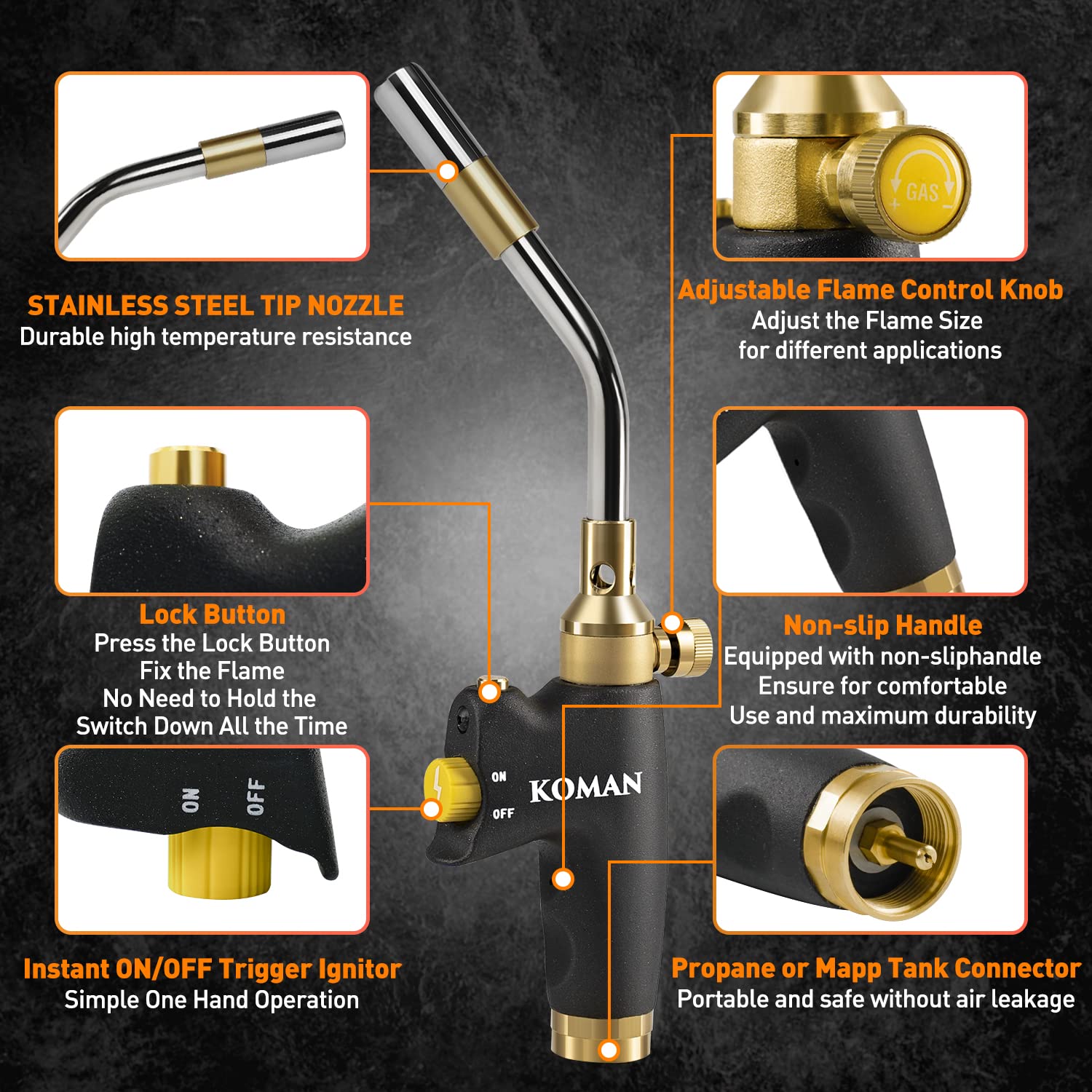 KOMAN Propane Torch Head,High Intensity Trigger Start Mapp Gas Torch Kit with Self Ignition, Welding Torch Head by Propane MAPP, MAP/PRO,for Soldering,Brazing,Stripping Paint,Cooking(CSA Certified)