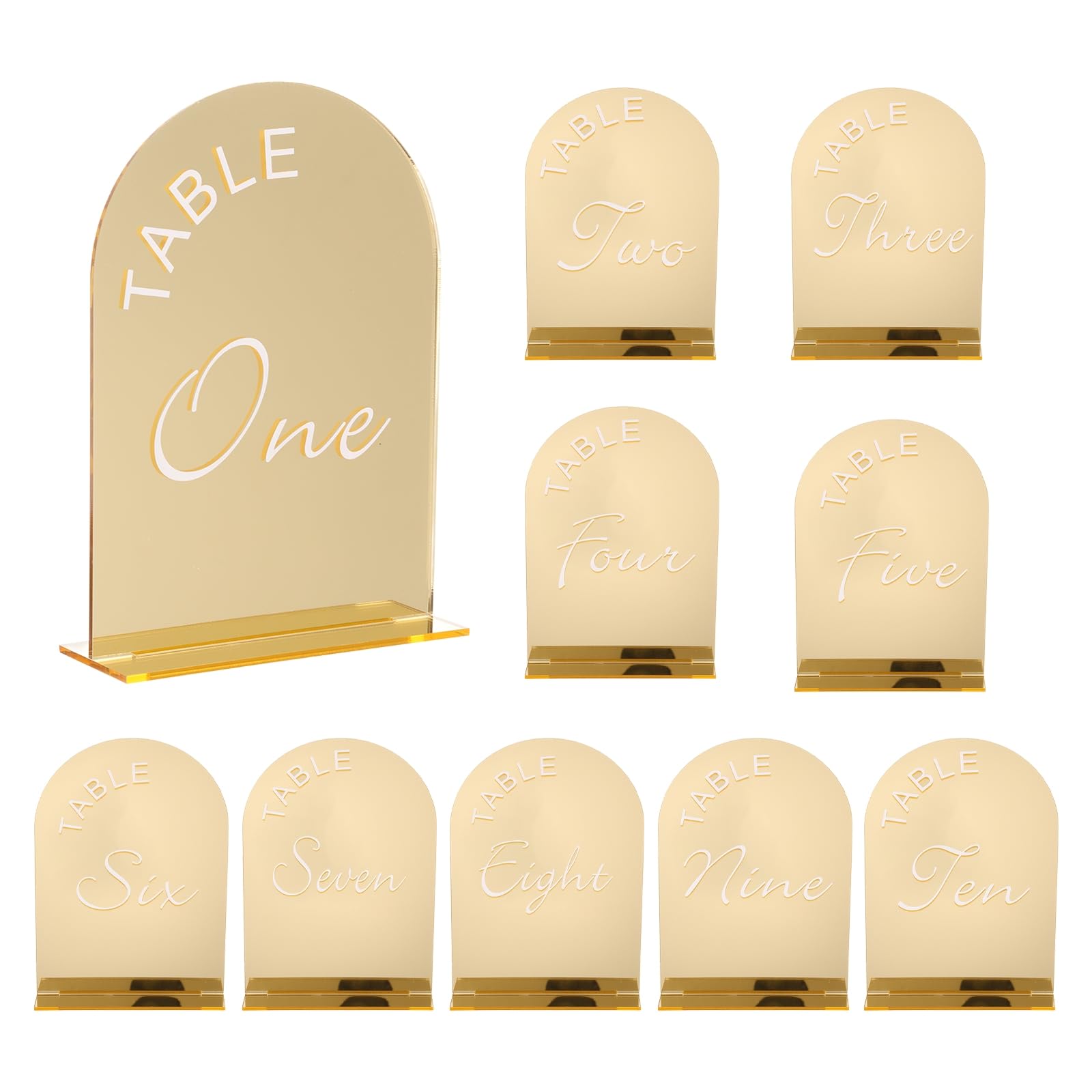 uxcell 10pcs Gold Mirrored Arch Acrylic Sign with Stand, 5 x 7 Inch Acrylic Arch Table Number Holders for Wedding Table Centerpiece Decoration (Number 1-10)