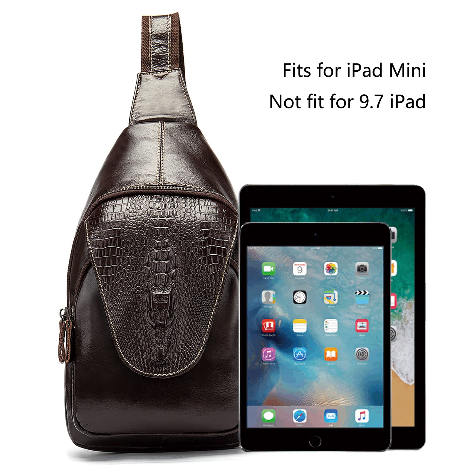 NIUCUNZH Handmade Genuine Leather Crossbody Sling Bag Crocodile Embossing Chest Bag Waterproof Shoulder Bag Brown