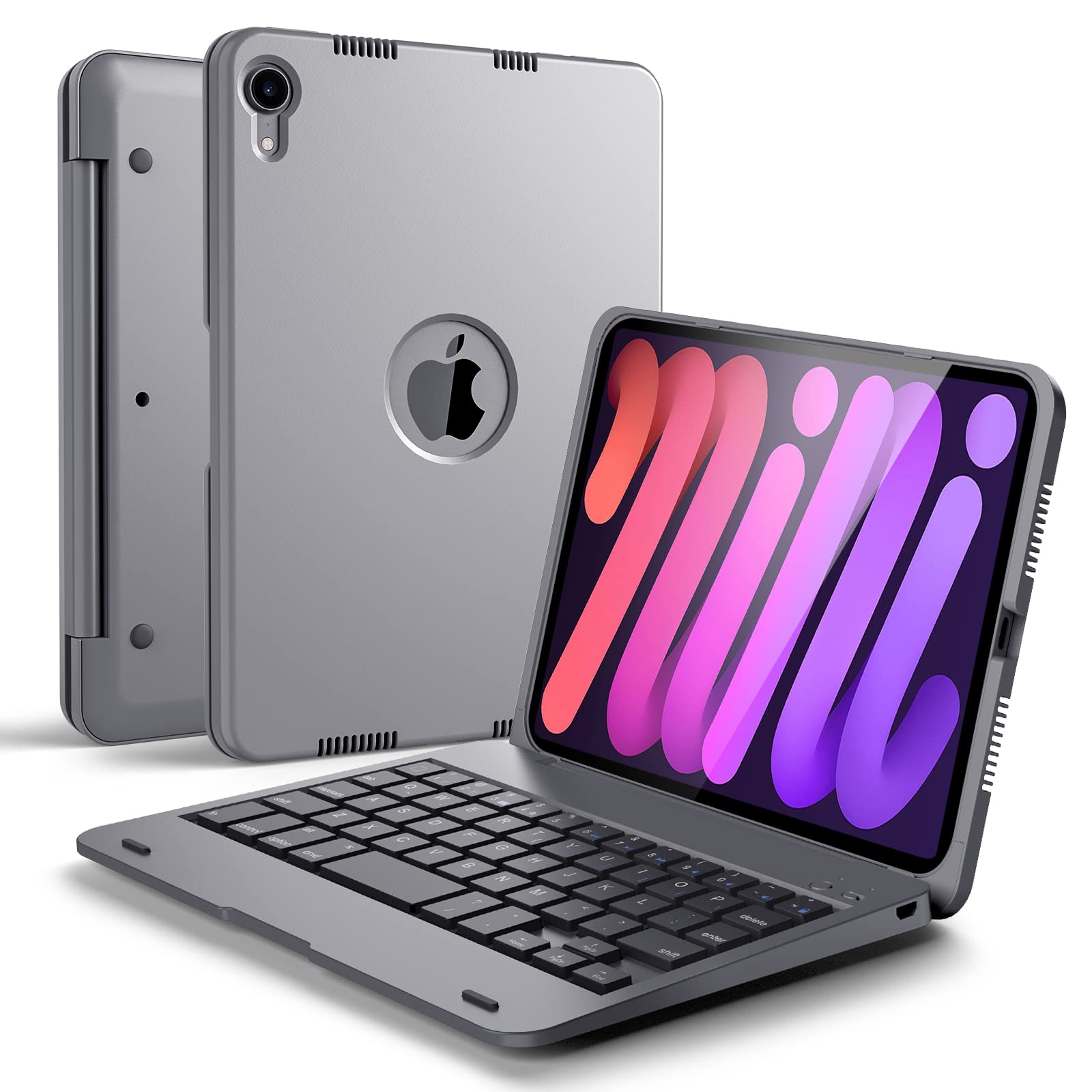 PLUSBRAVO iPad Mini 6 Case with Keyboard 8.3 Inch 2021, iPad Mini 6th Generation Case with Keyboard Bluetooth Wireless Rechargeable, iPad Mini 6 Accessories Protective Cover, Space Gray