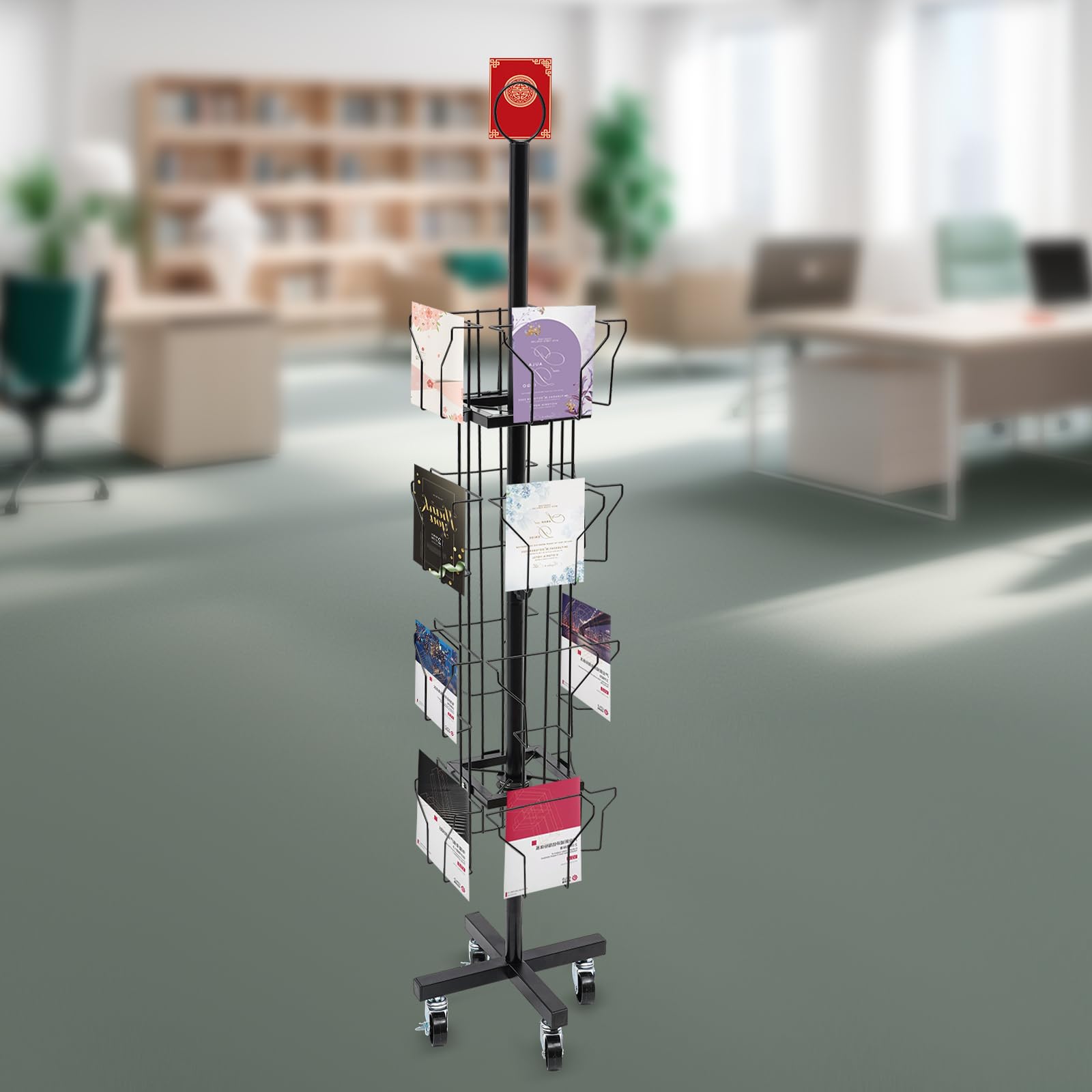 Rotating Greeting Card Display Rack, 4 Tiers Greeting Card Display Rack Christmas with 16 Pockets and 4 Wheels, Rotating Gift Card Display Rack for Vendors, Showcase, Retail, Tradeshow Black