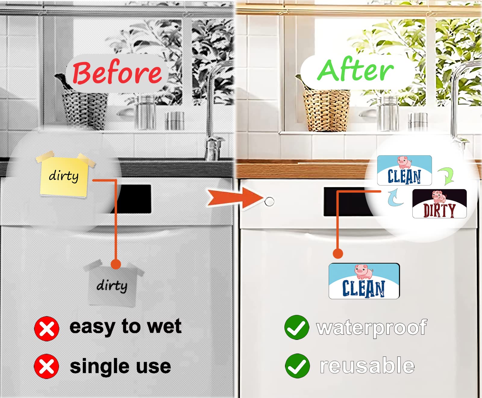 Monring Funny Dishwasher Magnet Clean Dirty Sign,Universal Strong Double Sided Clean Dirty Flip Indicator,Kitchen Magnet Sign for Dishwasher Refrigerator Washing Machine, 3.5x2x0.1inch (DM2)