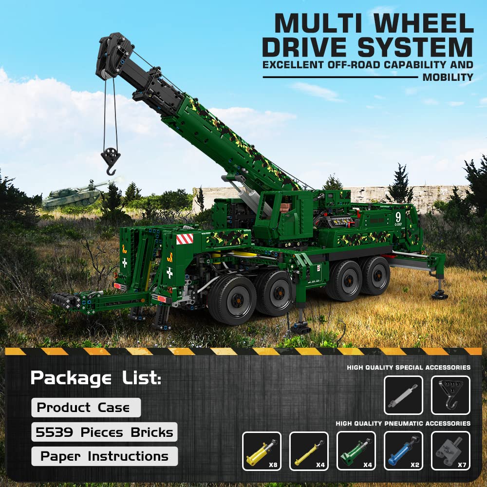 Mould King Technic Heavy-Duty RC Crane Truck Construction Toys, 20009 APP Remote Control Crane Building Sets, Mobile Crane Building Blocks Kit, MOC Building Blocks for Adults Kids 14+ Green(5539 PCS)