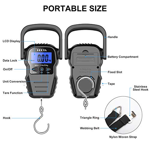 HEETA Fish Scale with Backlit LCD Display, Up to 110lb/50kg Digital Portable Hanging Fish Weight Scale with Hook & Measuring Tape for Home, Farm, Outdoor, Hunting, Fishing, 2 AAA Batteries Included