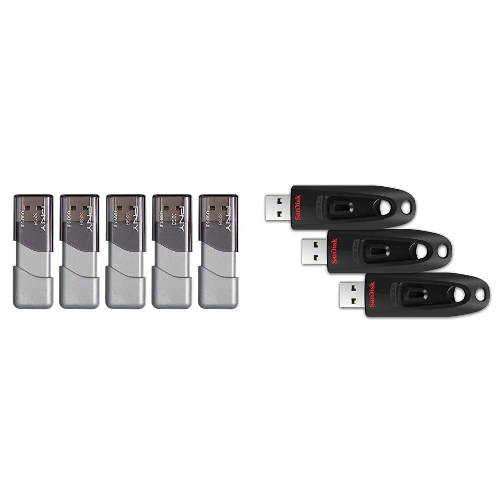 PNY 32GB Turbo Attache 3 USB 3.0 Flash Drive 5-Pack & SanDisk 32GB 3-Pack Ultra USB 3.0 Flash Drive 32GB (Pack of 3) - SDCZ48-032G-GAM46T
