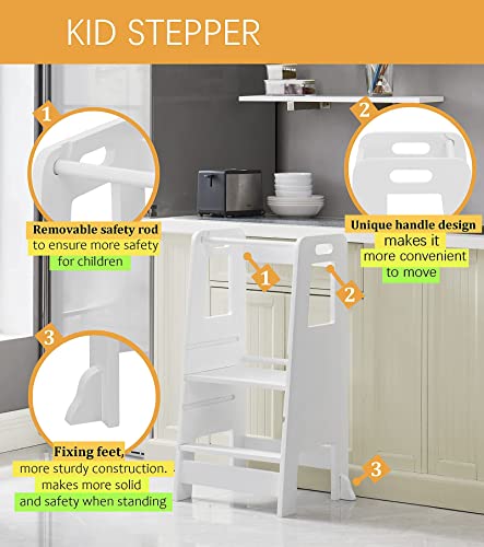 Kid's Wooden Kitchen Step Stool, 220lbs Capacity, Adjustable Platform Standing Tower, with Safety Guardrail Child Studying Tower, Toddler Stool for Bathroom, Cooking Helper(White