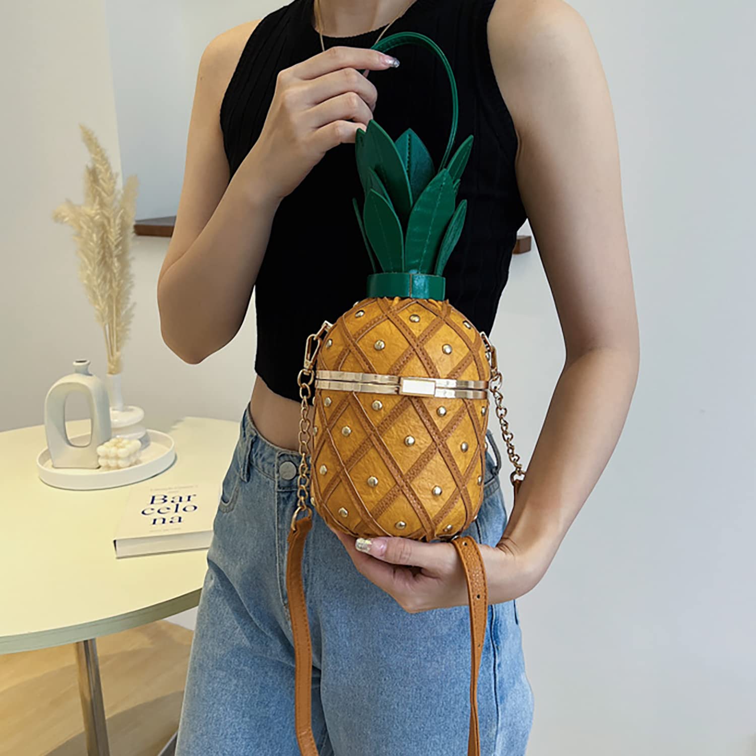 OXYPLAY 3D Pineapple Bucket Purse for Women,Trendy Chain Messenger Crossbody Bag with Rivet, Tropical Hawaiian Party Shoulder Handbag (Yellow)