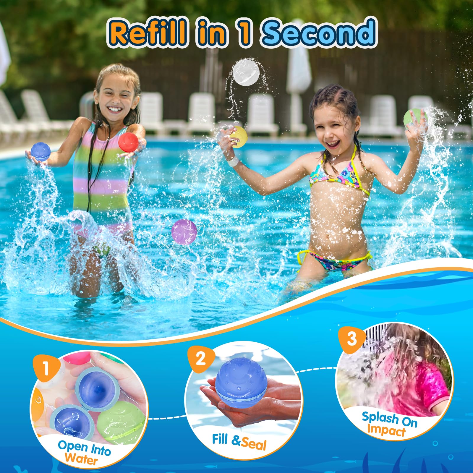 Koknwoa Reusable Water Balloons,Water Balloons Quick Fill & Magnetic Self Sealing,Refillable Water Balls Beach Pool Bath Toys for Kids, 6PC
