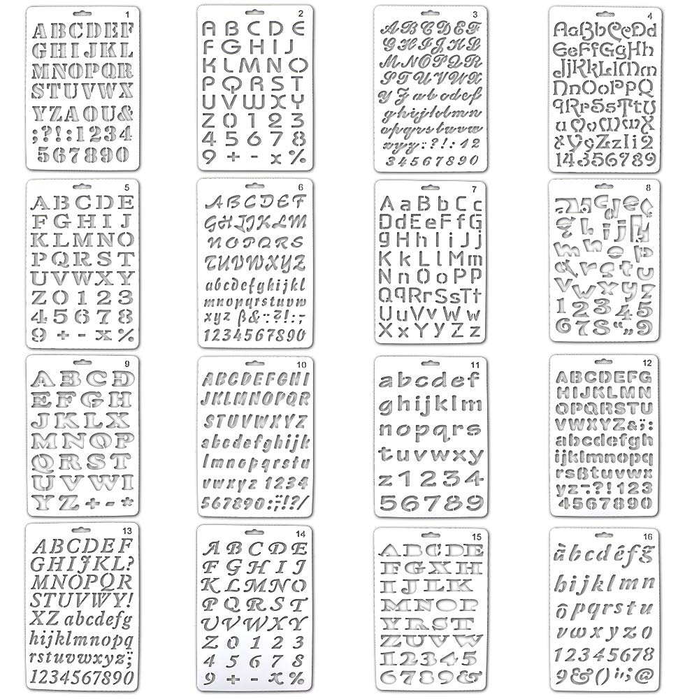 Jekkis 56 Pack Letter Stencils for Painting on Wood Alphabet Stencils with Numbers and Signs Reusable Plastic Small Stencils for Drawing Journal DIY Craft Project - 146 Designs