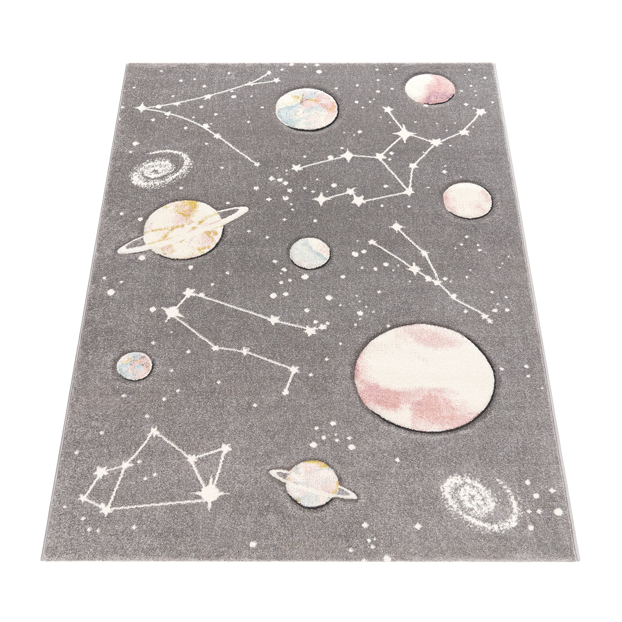 Kids Rug Play Rug Space Area Galaxy for Children“s Room Planets and Stars in Grey, Size:5'3" x 7'7"