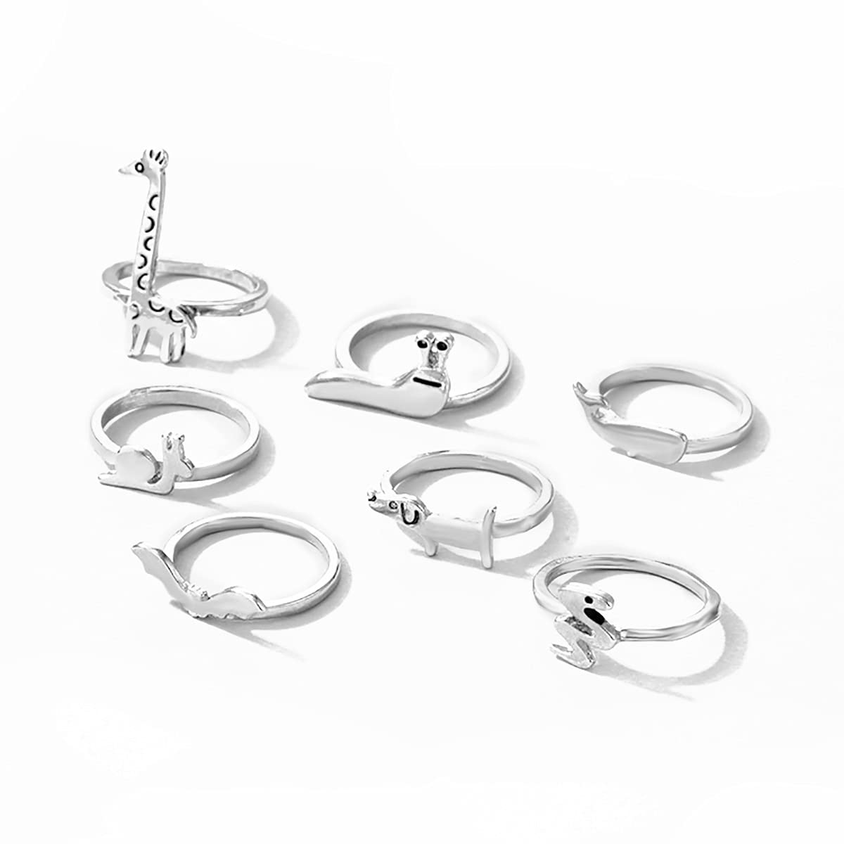 HUJUON 7Pcs Cute Animal Knuckle Rings Set,Silver Snake Snails Finger Ring,Bat Giraffe Multiple Rings,Pet Dog Stackable Midi Joint Rings for Women Girls (Silver 7Pcs)