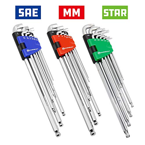 Powerbuilt 9 Piece SAE Stubby End, Extra Long Arm Ball End Hex Key Wrench Set, L-Wrenches for Tight Places, Storage - Blue 240099