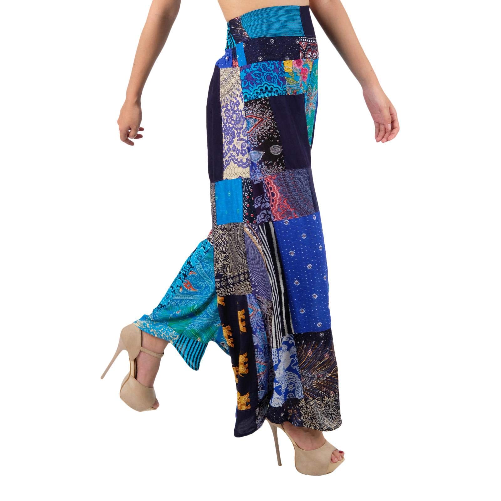 LOFBAZ Women's Patchwork Wide Leg Palazzo Pants Yoga Lounge Hippie Harem Flowy Trousers Juniors Ladies Travel Cover Up Beachwear Patchwork Blue 2XL