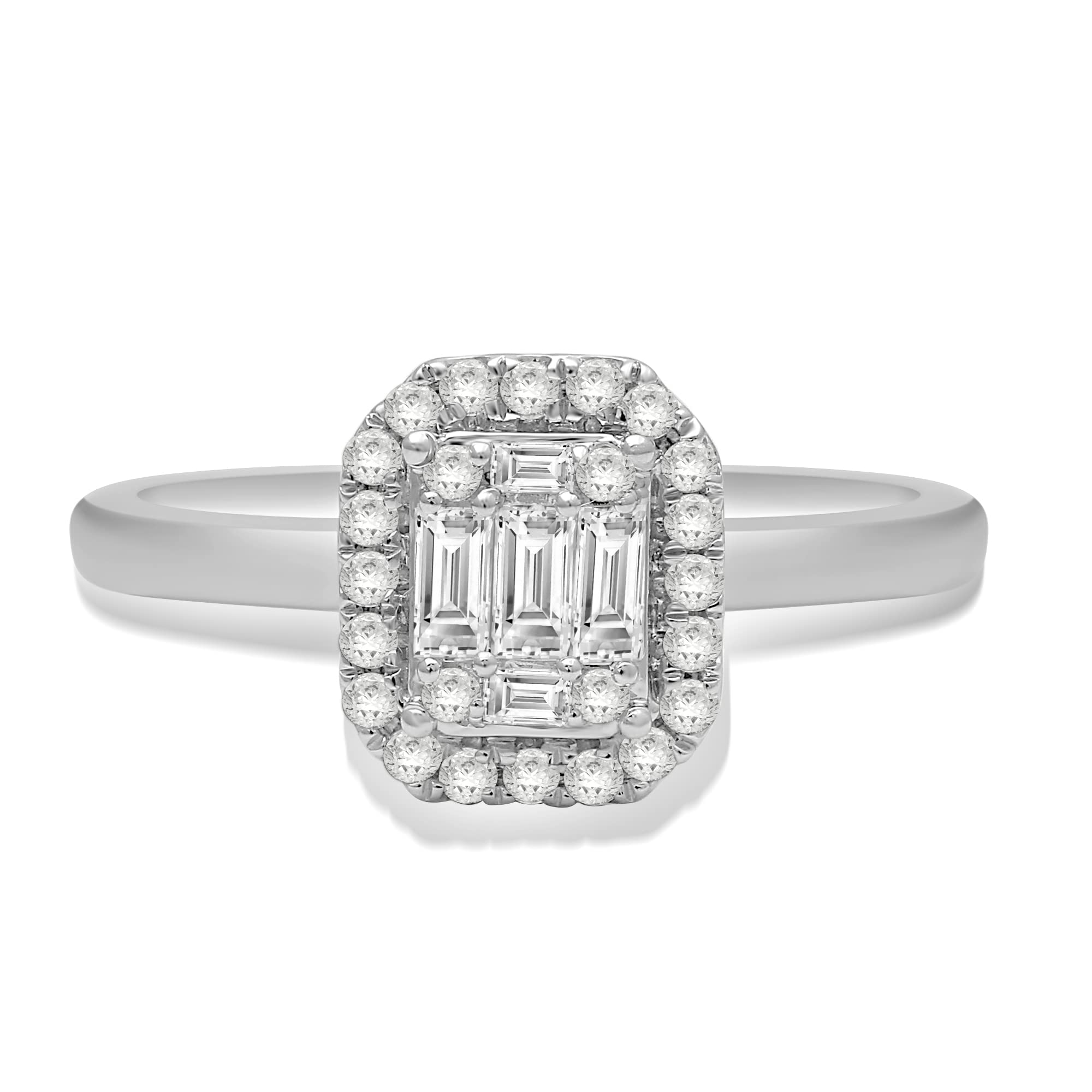 Jewelili 10K White Gold 1/3 Cttw Natural White Baguette and Round Diamonds Bridal Ring, Size 7