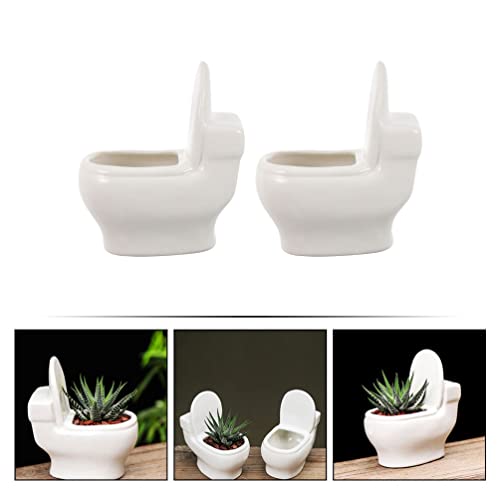 Plants Decor 2pcs Ceramic Toilet Plant Pot Succulent Planter Mini Flower Pots Bonsai Pot with Drainage Holes for Home Office Table Decoration Office Decor