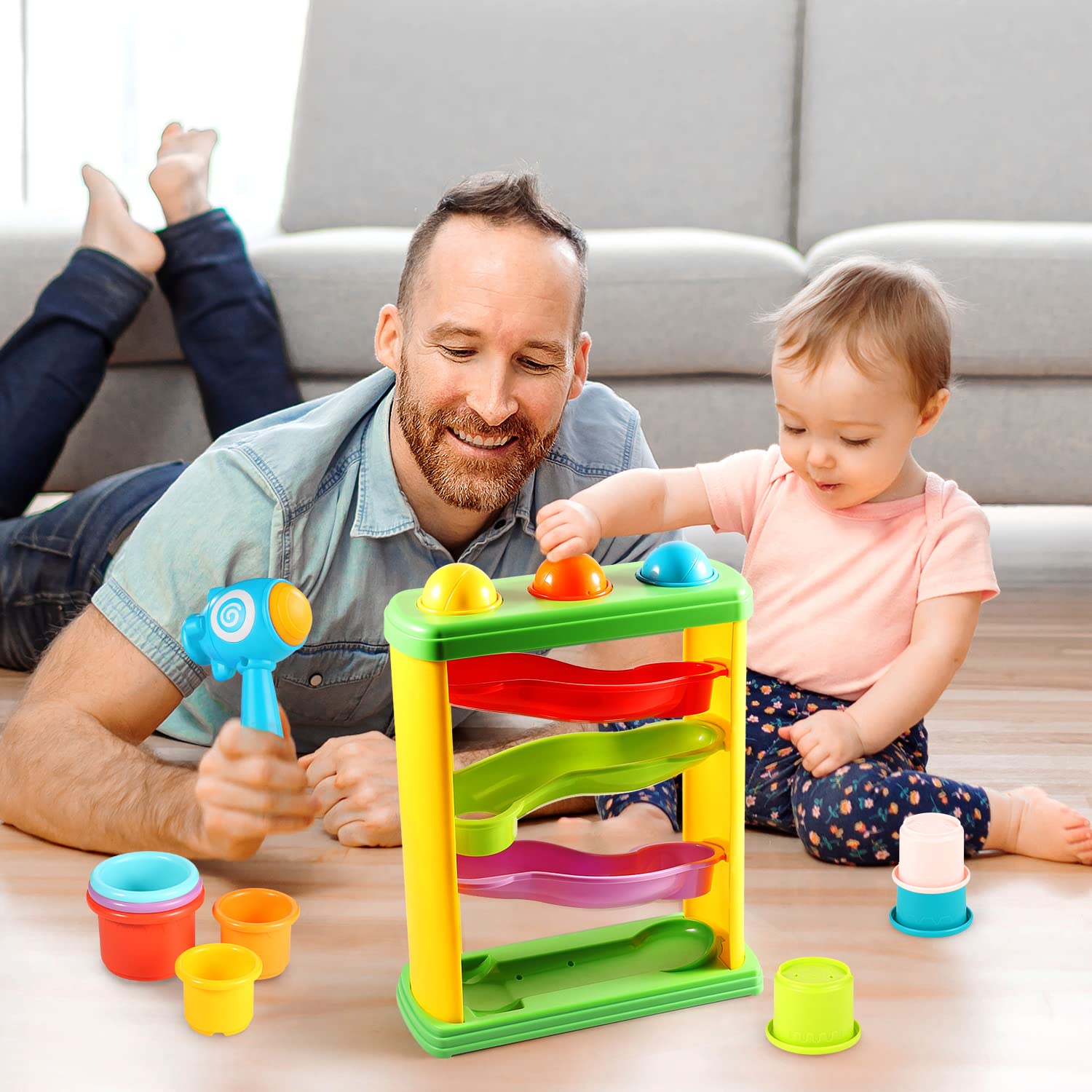 Pound a Ball with Blue Rocket Hammer + 8 Stacking Cups for 1 Year Old Boys and Girls|Durable Pound & Roll for Toddler Age 1 2 3|Montessori Educational Learning Set|Birthday Gift for 12-18 Months Baby