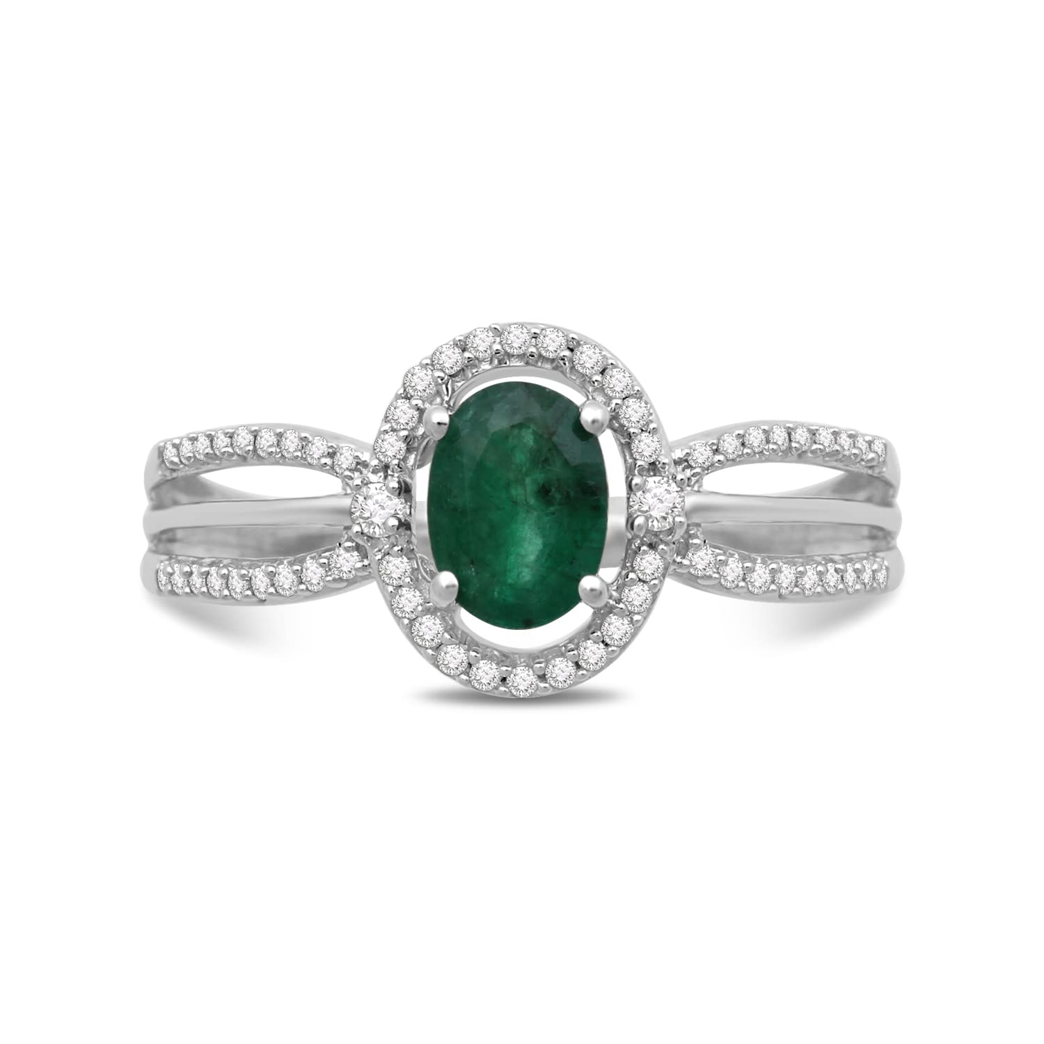 Jewelili 10K White Gold 7x5MM Oval Shape Emerald and 1/5 Cttw Natural White Round Diamond Ring, Size 7