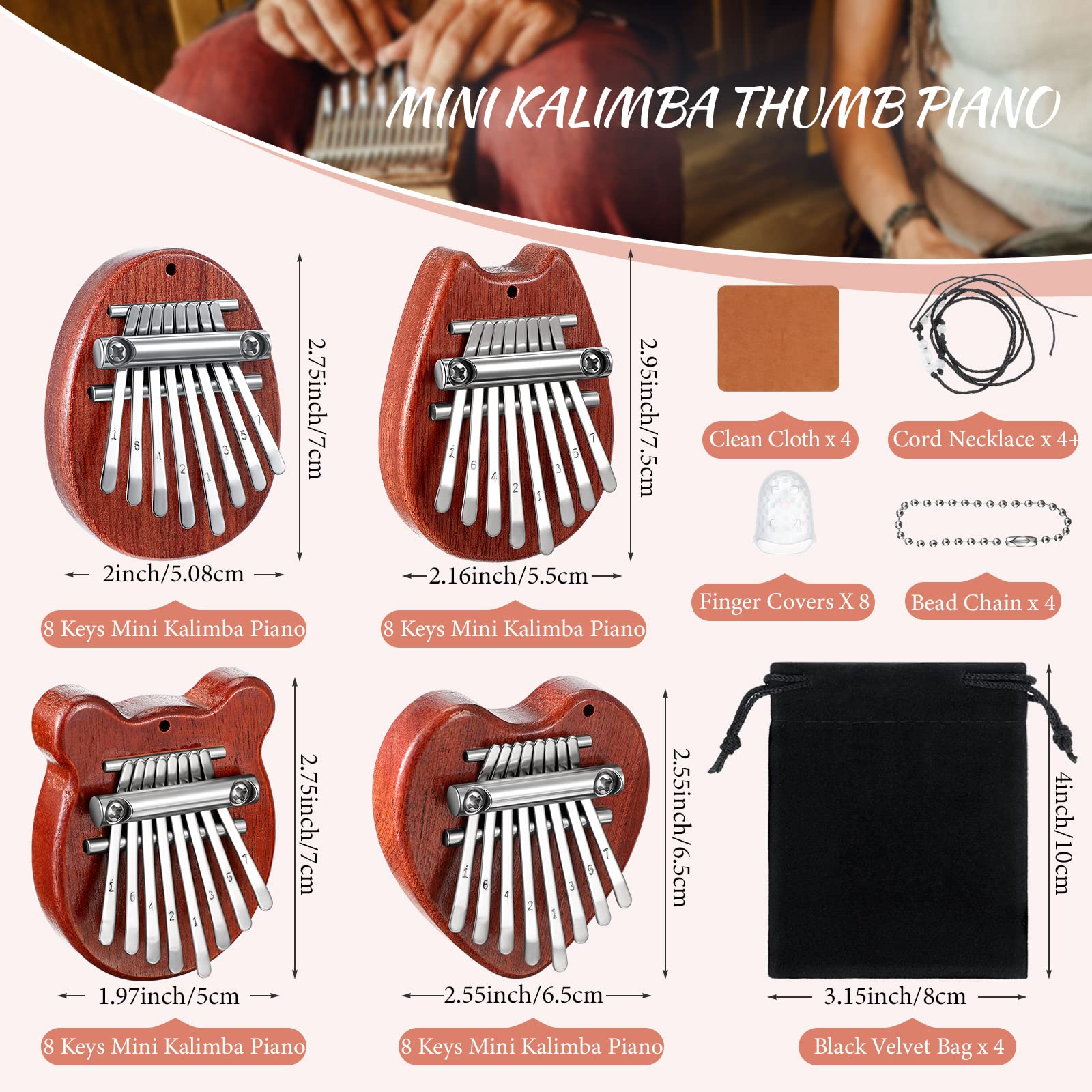 Konohan 24 Pcs 8 Keys Mini Kalimba Piano Set, Include 4 Mini Exquisite Finger Thumb Piano 4 Lanyard 4 Chains 8 Finger Protector 4 Cleaning Cloth for Kids Adults Beginners Gift (Cute Style)