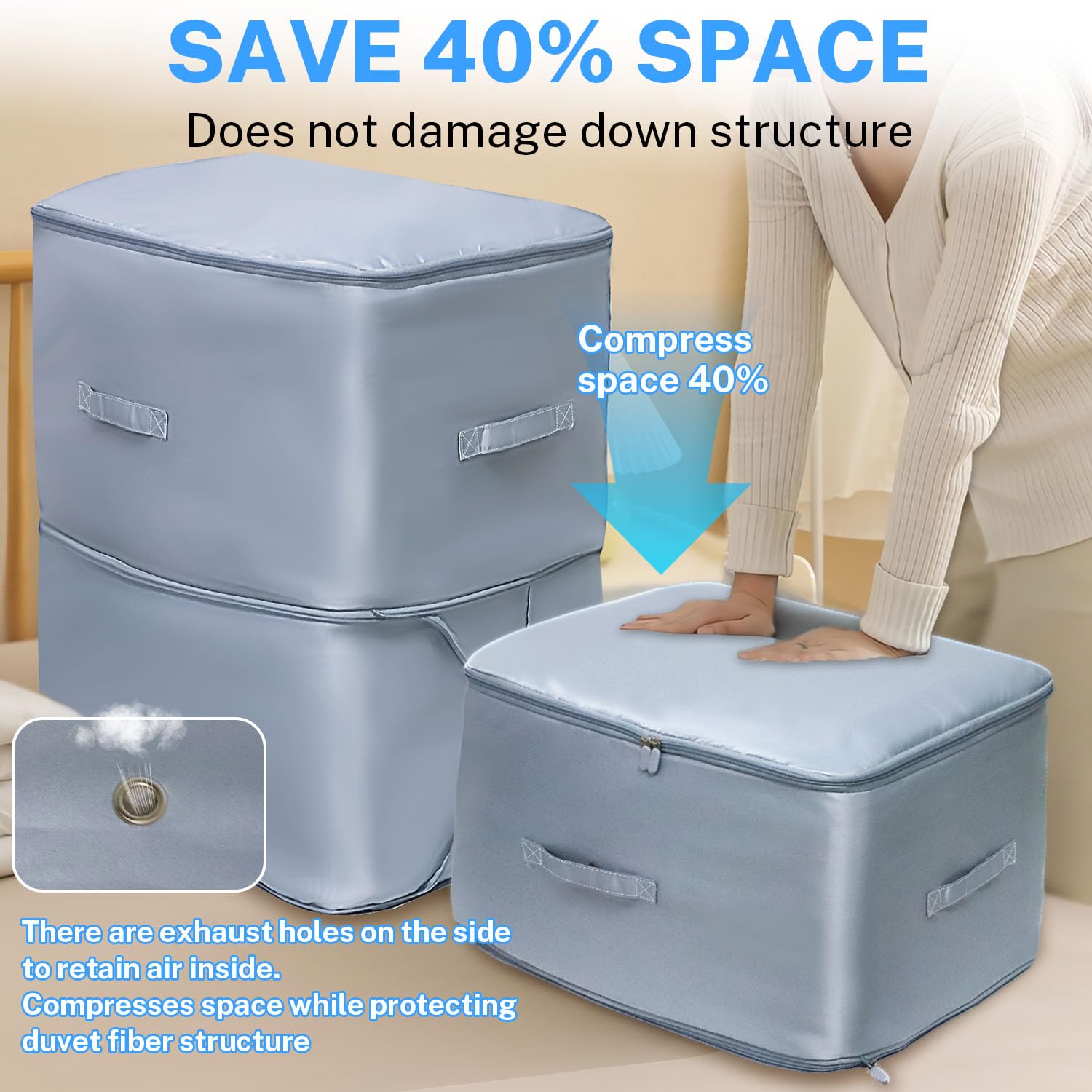 Ultra Space Saving Self Compression Organizer, 2024 Upgrade Space Saver Quilt Compression Bags for Storage, Moving Organizer Bags, Compression Storage Bags for Comforters and Blankets(Blue, X-Large)