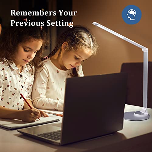 LED Desk Lamp, Dimmable Table Lamp Reading Lamp with USB Charging Port, 18 Lighting Modes,Memory Function, Sensitive Control, Aluminum Alloy Eye-Caring Office Lamp (Silver)