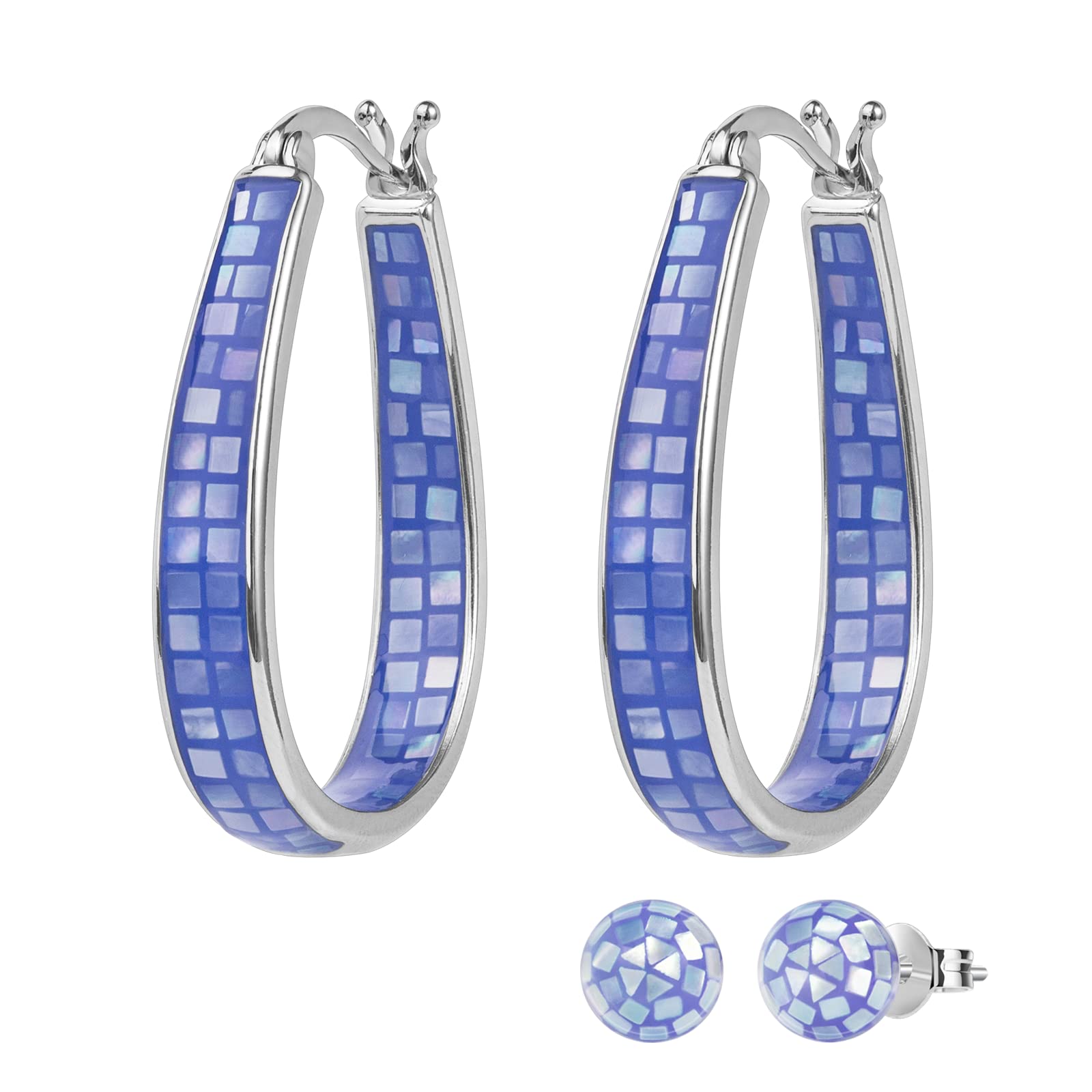 MUYUU Rhodium Plated Oval Inside Out Abalone Shell Hoop Earrings For Women Fashion Jewelry Gift