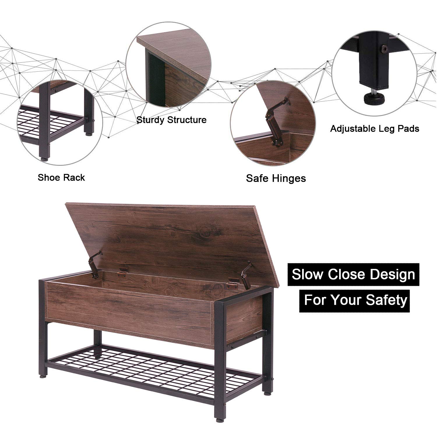 HOMEKOKO Industrial Storage Bench, Entryway Lift Top Shoe Storage Bench in Dining Room, Hallway, Living Room Metal Frame (Rustic Brown)