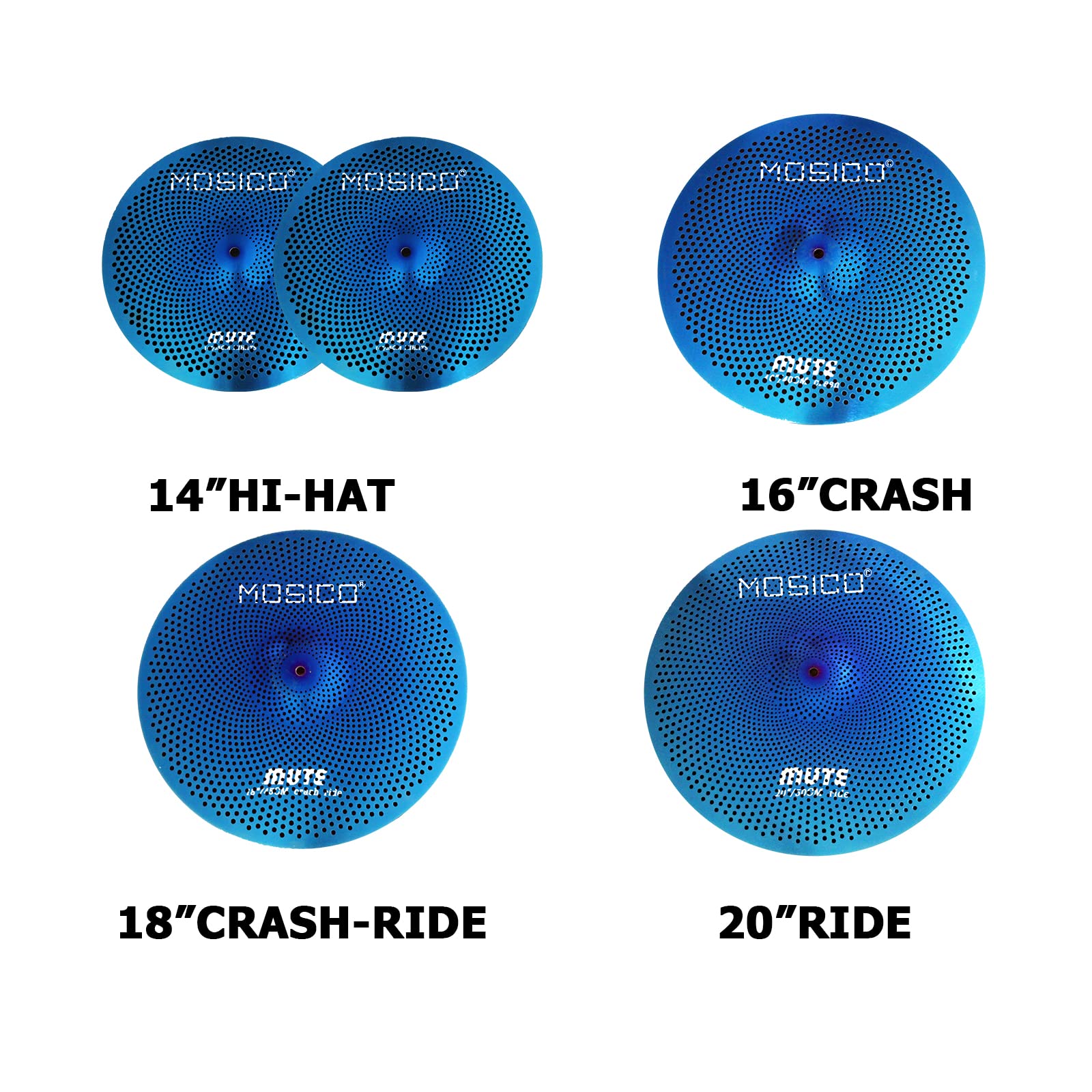 Mosico Low Volume Cymbal Pack with 14"Hi-hats 16"Crash 18"Crash 20"ride Plus a Cymbal bag 5 Pieces Drum Practice Cymbal (BLUE)