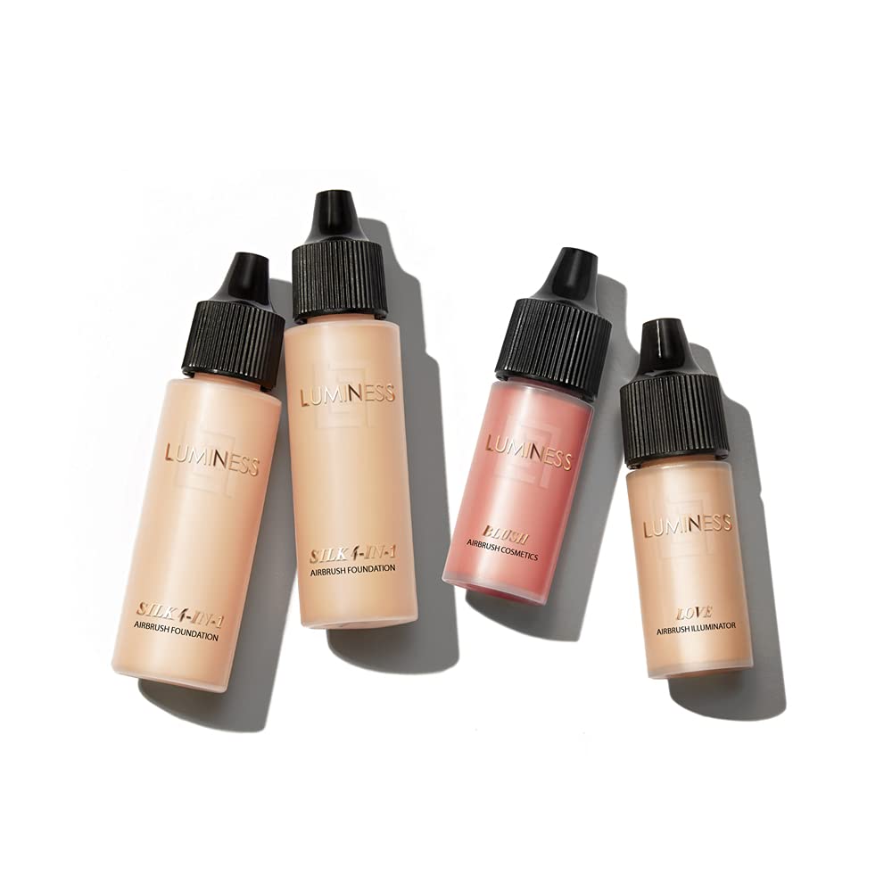 LUMINESS Legend Makeup Airbrush System & 4-Piece Foundation Starter Kit, Shade Medium - Quick, Easy & Long Lasting Application - Includes (2) Silk 4-In-1 Foundation, Highlighter & Blush