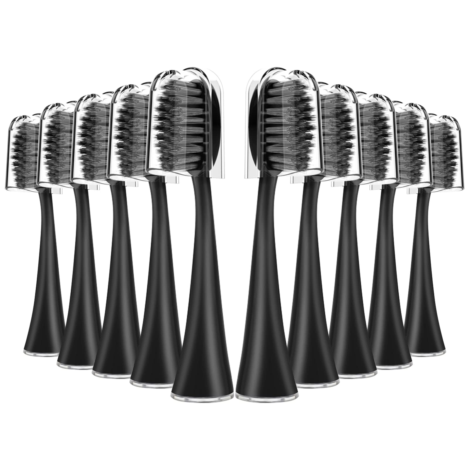 Replacement Toothbrush Heads for Burst Sonic Toothbrush with Dust Cover Caps, Charcoal Soft Bristles for Deep Clean, Stain & Plaque Removal, Pack of 10, Black