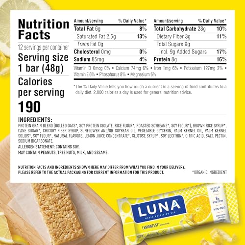 LUNA Bar - LemonZest Flavor - Gluten-Free - Non-GMO - 7-9g Protein - Made with Organic Oats - Low Glycemic - Whole Nutrition Snack Bars - 1.69 oz. (12 Pack)